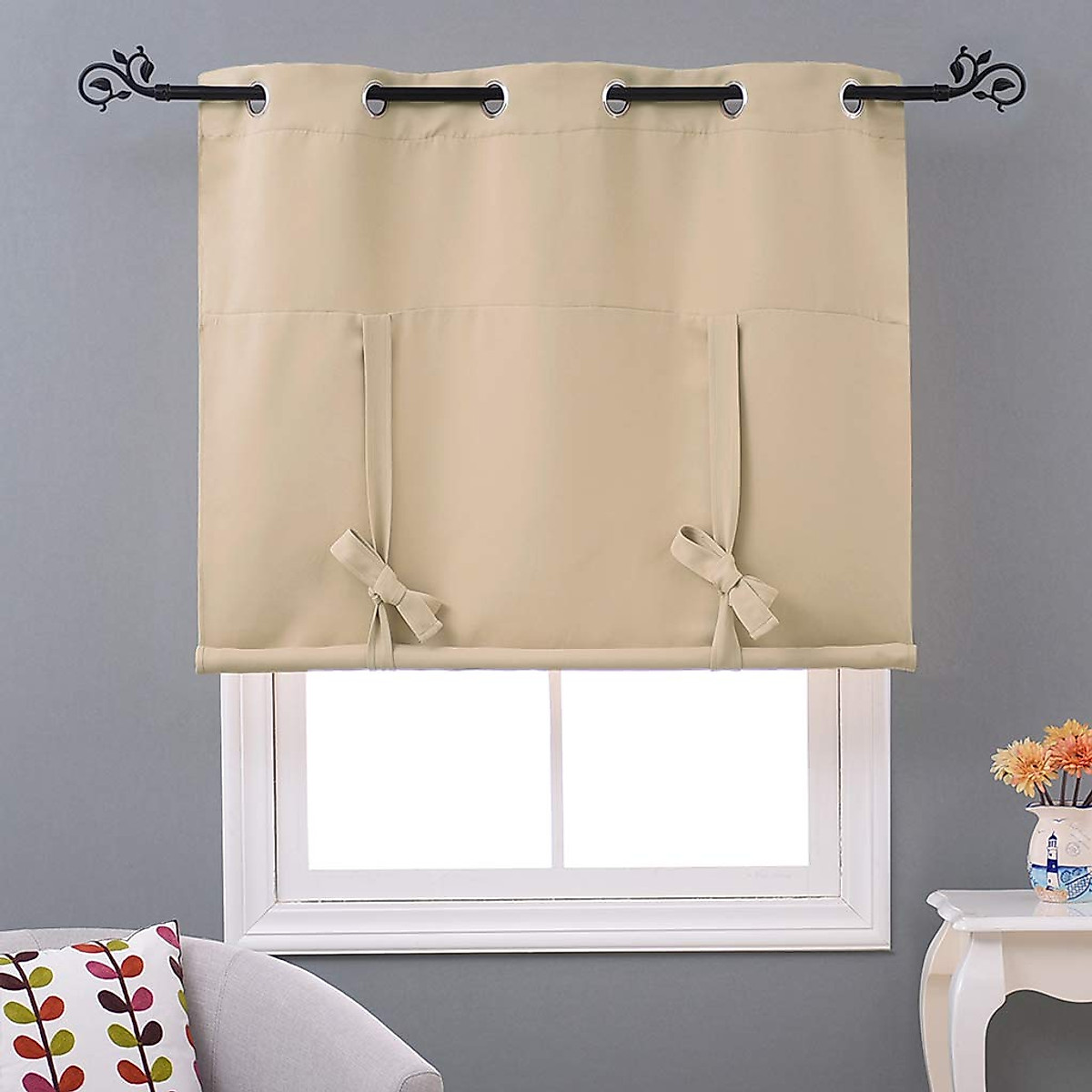 NICETOWN Roman Shade Valances for Windows - Tie Up Balloon Kitchen/Bathroom/Farmhouse Window Curtain Shade(Biscotti Beige, Grommet Top Panel, W46 x L63)