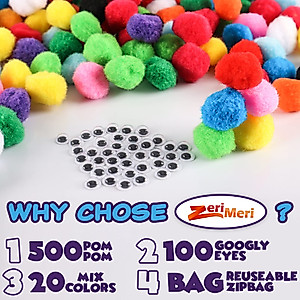 Zerimeri [600 pcs] Pom Poms Arts and Crafts - 500 1 inch Polypropylene Rainbow Pompoms with 100 Google Eyes for Craft - Child & Pet-Friendly Pom Pom Balls for Crafts
