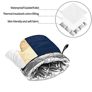 MUKJHOI Oven Mitts Pot Holders Set of 4 Heat Resistant Kitchen Waterproof Elegant Faux Gold Navy Blue White Stripes Women Men Home Cooking Baking Microwave BBQ Gift