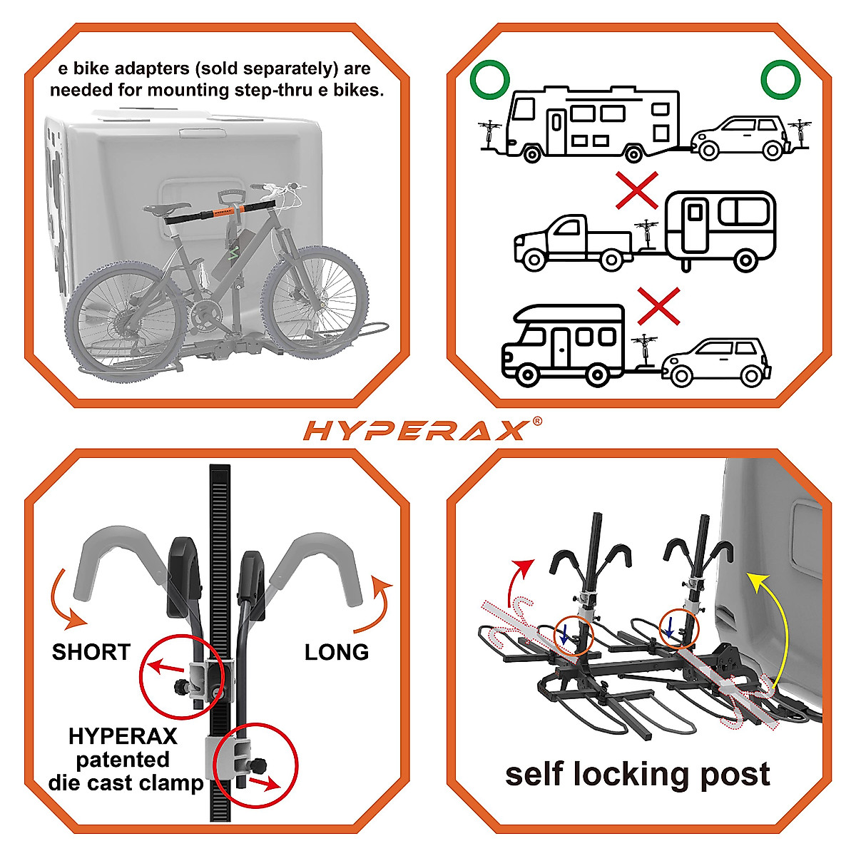 HYPERAX Special Combo - Volt RV 4X with 2X E-Bike Adapter & Steel Locking-Cable (L) -Hitch Mounted 4 Bike Rack Carrier for RV,Toad with Fits Up to 2x75lb E Bike +2X50lb Bikes with Up to 5" Fat Tire