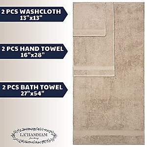 LA HAMMAM 6 Piece Towel Set - 2 Bath Towels, 2 Hand Towels, 2 Washcloths for Bathroom, College Dorm, Kitchen, Shower, Pool, Hotel, Gym & Spa | Soft & Absorbent Turkish Cotton Towel Sets - Beige