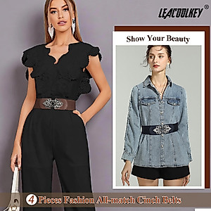 LEACOOLKEY 4 Pack Women Wide Elastic Waist Belt for Dress Vintage Stretch Cinch Belt Retro Buckle