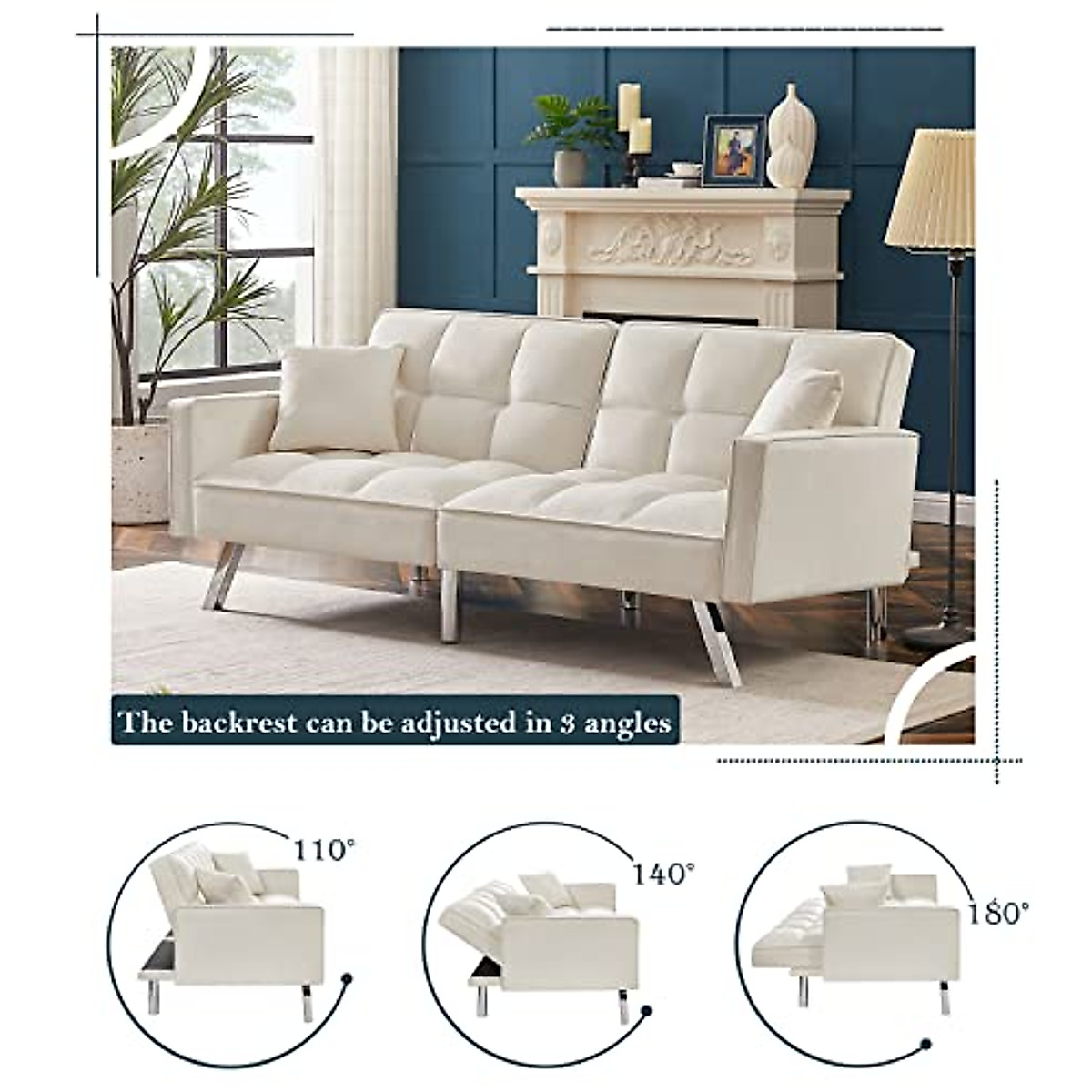 Convertible Velvet Futon Sofa Bed, Modern Sleeper Sofa with 2 Pillows, 3 Adjustable Angles for Backrest, Living Room Couch with 5 Sturdy Metal Legs, Upholstered Loveseat for Home, Office, White