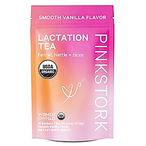 Pink Stork Organic Lactation Support Tea for Breast Milk Supply - Fenugreek, Milk Thistle, Fennel - Breastfeeding Essentials, Caffeine-Free - 15 Sachets, Smooth Vanilla