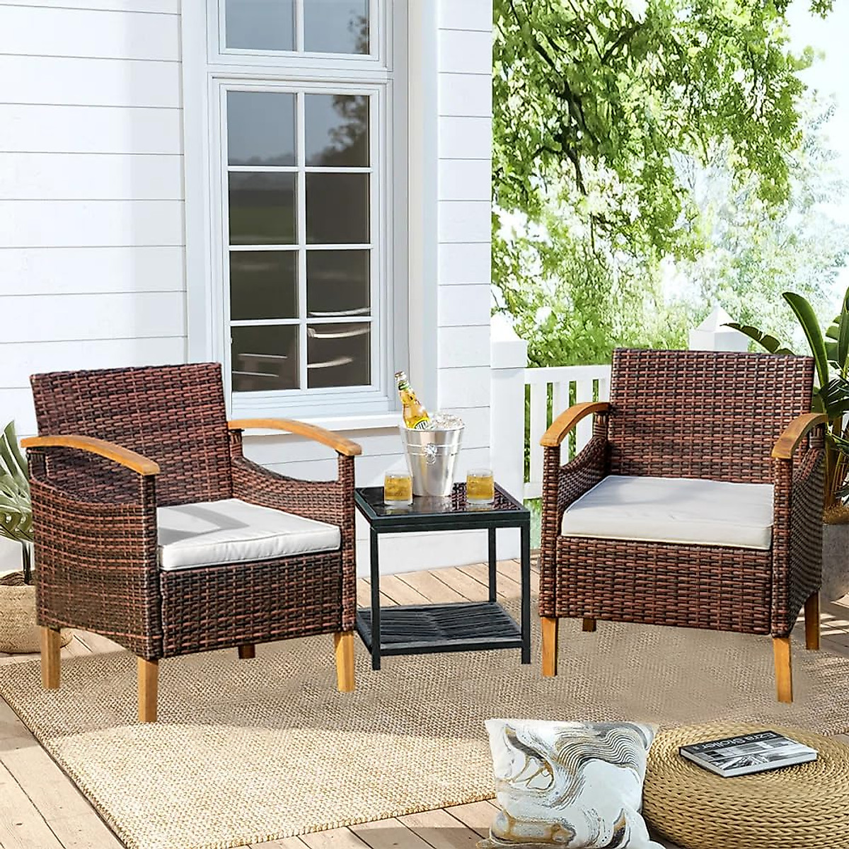 3 piece Outdoor Patio Furniture Set Outdoor Furniture Set with Table Outside Lawn Patio Chairs Set of 2 Patio Conversation Sets Bistro Wicker Patio Set for Porch Balcony Backyard Pool Deck(Brown)