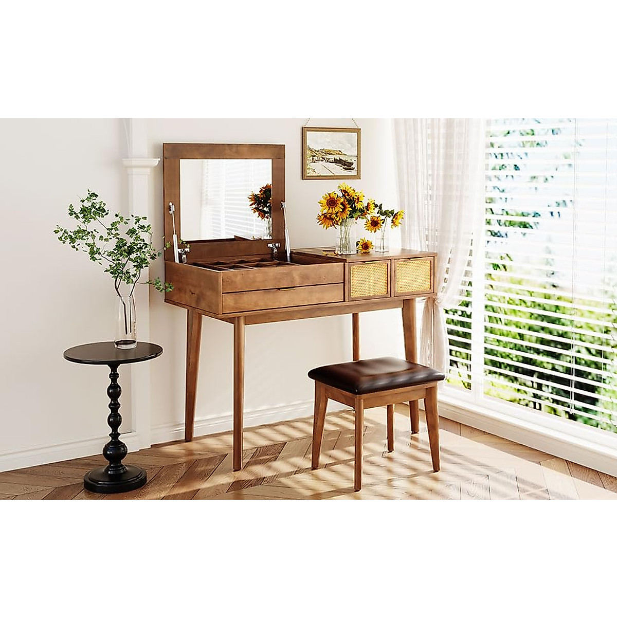 Tidyard 43.3" Classic Wood Makeup Vanity Set with Flip-top Mirror and Stool, Dressing Table with Three Drawers and Storage Space, Brown for Bedroom, Dressing Room