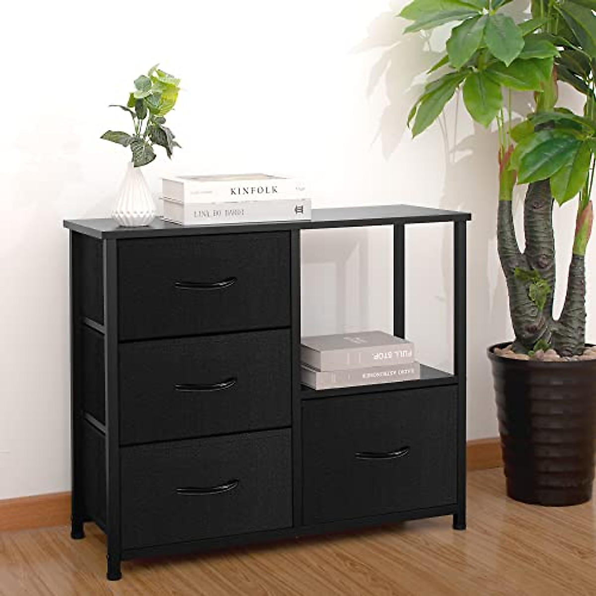 AZL1 Life Concept Storage Tower with Shelves, 4 Drawers Closet Organizer, Night Stand, Fabric Bins, Versatile Cabinet, Dresser for Bedroom, Living Room, Hallway, Wood Handles, Black