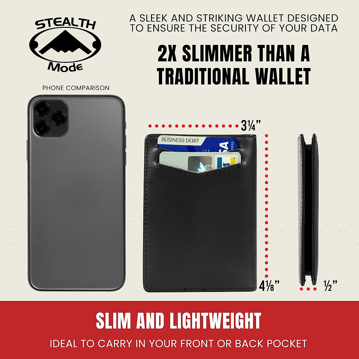 Stealth Mode Men's Slim Front Pocket Wallet - RFID Blocking, Thin Minimalist Bifold Design, Genuine Leather - ID Badge Window and 5 Sleeves for Money, Credit and Debit Cards, Driver's License - Black