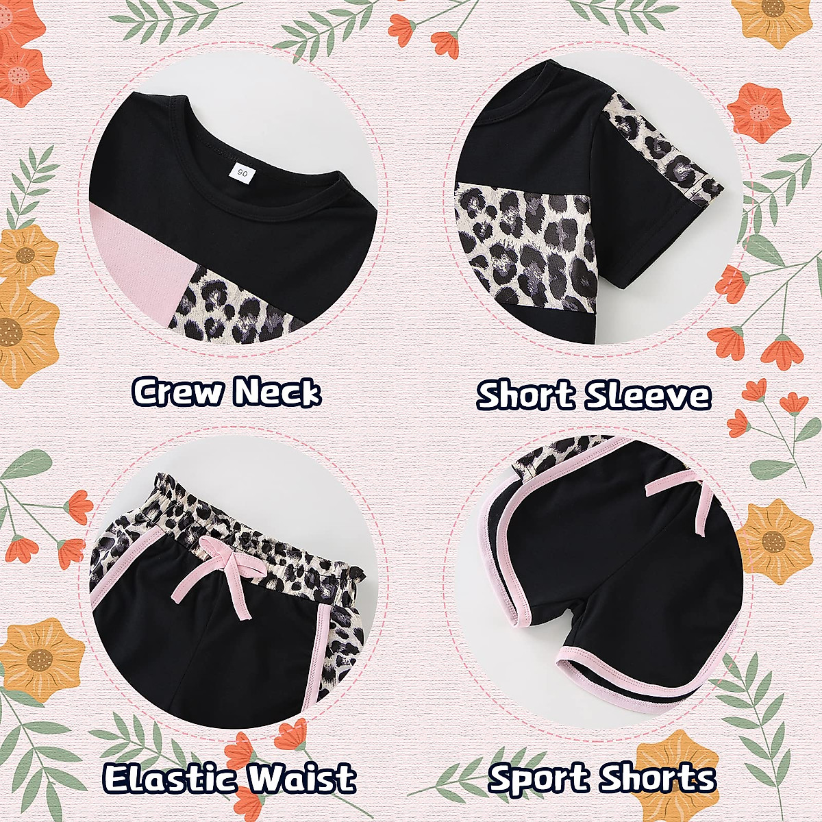 2 Years Old Girl Clothes Little Girls Summer Outfits For Girls Cute Baby Short Sleeve Leopard Tops T-shirt + Camo Shorts Sport Suits Tracksuit Girl Summer Outfits Set Black Leopard 2-3T 100cm
