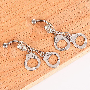 Lenacou Belly Button Rings 14G Surgical Steel Handcuffs CZ Dangle Navel Piercing Body Jewelry