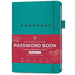 Legend Planner Password Book with Alphabetical tabs. Internet Address Keeper Logbook. Journal for Website Logins, Medium 5.3x7.7" (Turquoise)