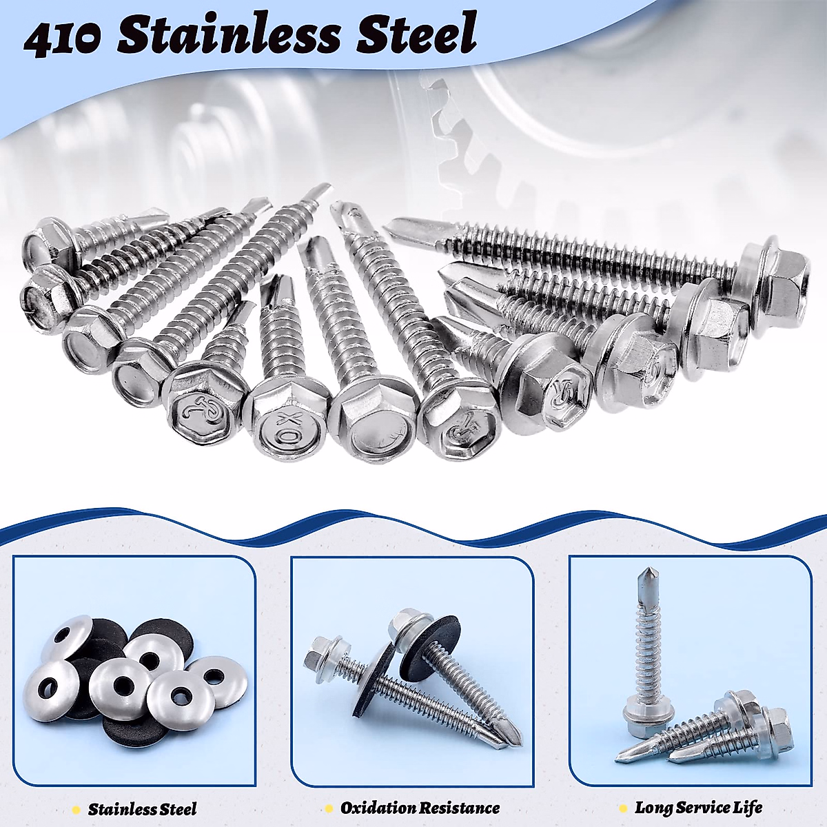 Glarks 560Pcs 410 Stainless Steel Hex Washer Head Sheet Metal Tek Self Drilling Screws and 304 Stainless Steel EPDM Bonded Sealing Washers Assortment Kit for Furniture Building Appliance Repair