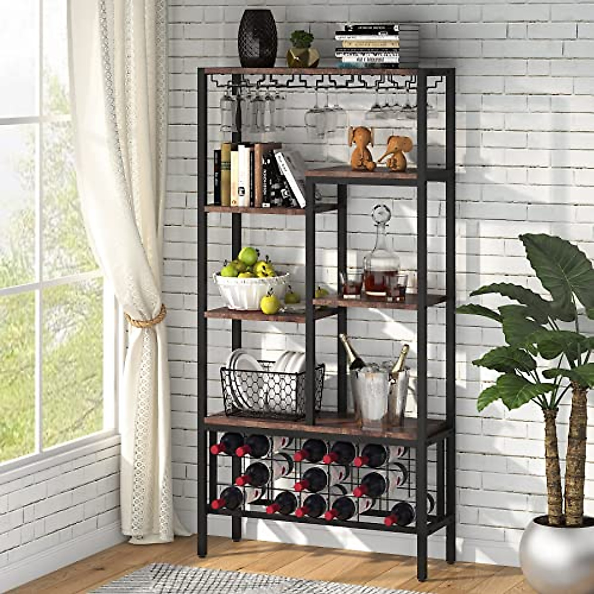 Tribesigns Wine Rack Freestanding Floor,Vintage Tall Wine Bar Cabinet with Storage,Wooden Alcohol Shelf with Bottle Holder,Brown