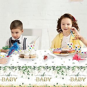 3 Pieces Sage Greenery Oh Baby Tablecloths for Baby Shower Party Decorations Plastic Disposable Gold Foil Eucalyptus Leaf Table Covers for Rectangle Tables Sage Boho Woodland Neutral Party Supplies