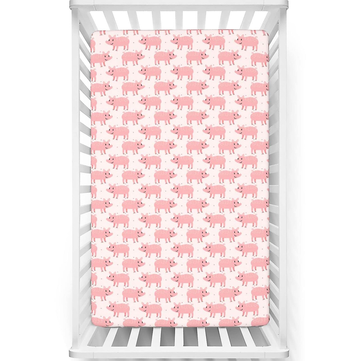 Pig Themed Fitted Mini Crib Sheets,Portable Mini Crib Sheets Soft and Breathable Bed Sheets-Crib Mattress Sheet or Toddler Bed Sheet,24“ x38“,Pale Pink and Rose