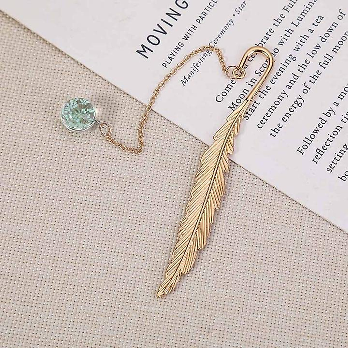 6 Pack Metal Feather Bookmark Charming Beaded Pendant with Dried Flower Specimens Inside Book Marker for Women