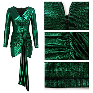 BestGirl Women's Sexy Dress Deep V Neck Long Sleeve Ruched Sparkly Bodycon Club Mini Dresses (3X-Large, Green)