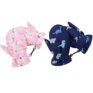 Zando Toddler Mittens Waterproof Snow Gloves Kids Gloves Lined Fleece Gloves Winter Warm Baby Mittens Toddler Gloves 02 Blue Dinosaur & Pink Hippo 2-3T