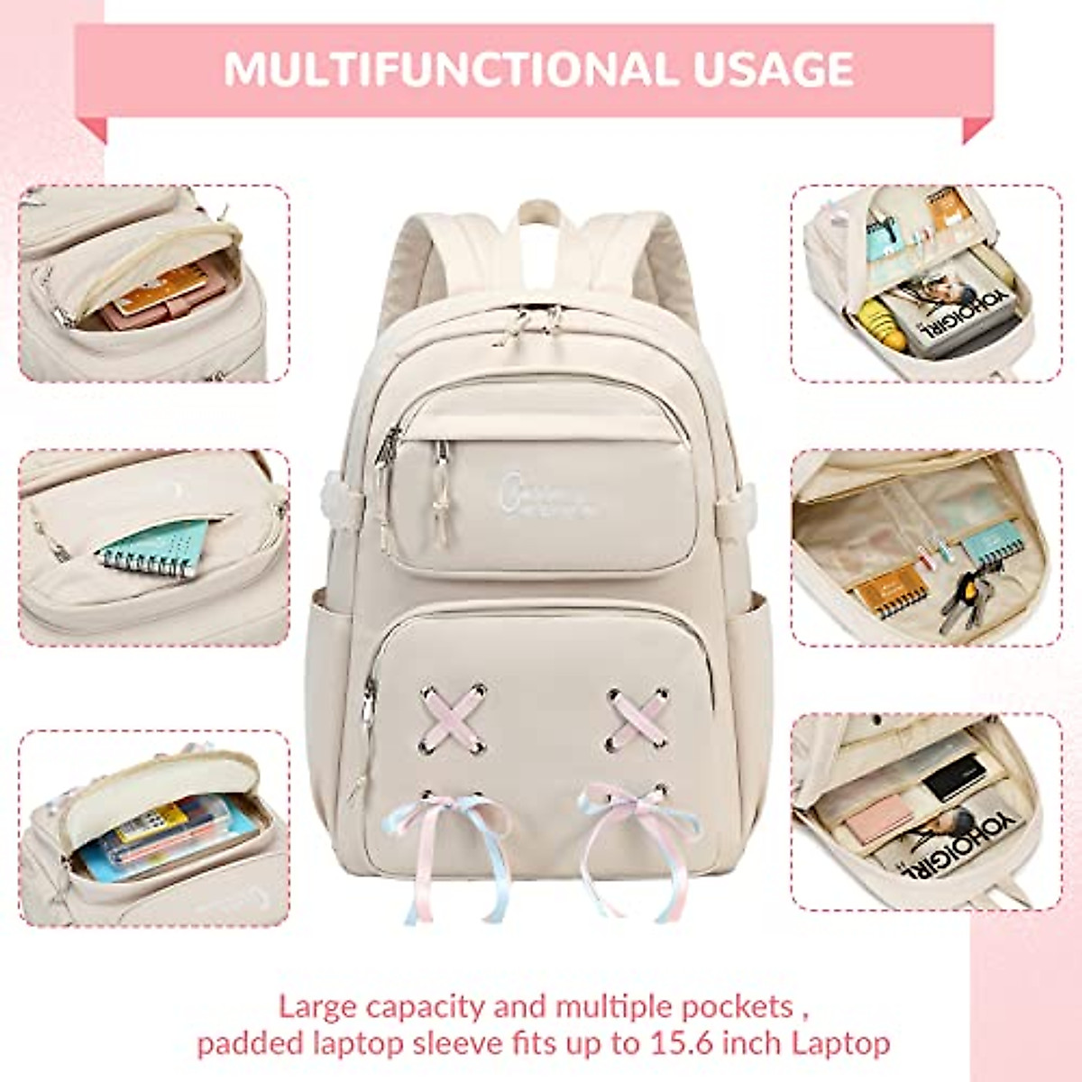 El-fmly Lightweigt School Bookbag Anti Theft Travel Daypack Backpack with Cute Ribbon for Teen Girls Children (Gray blue)