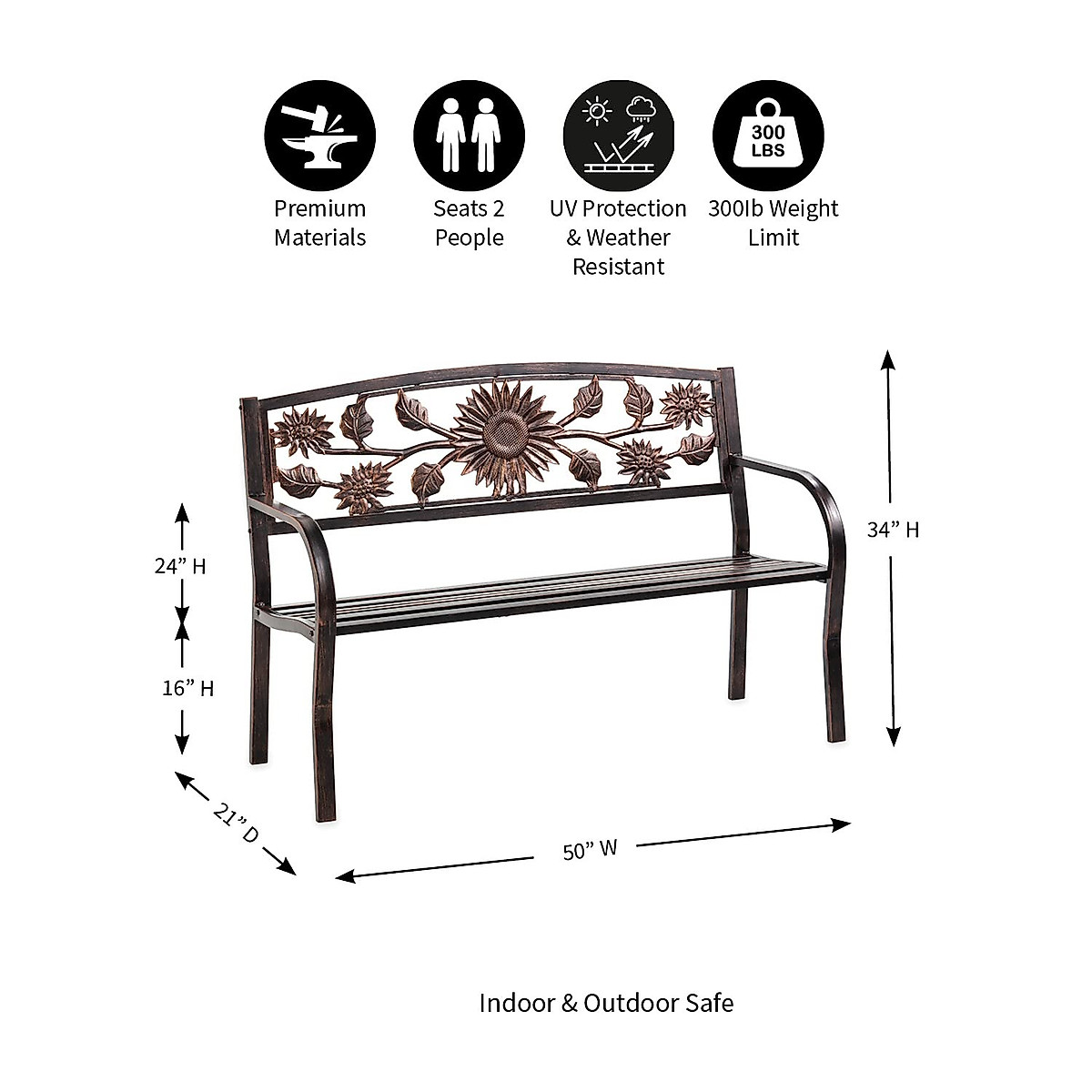 Plow & Hearth Weatherproof Outdoor Bench | Holds Up to 300 lbs | Garden Patio Porch Park Deck | Metal | Bronze
