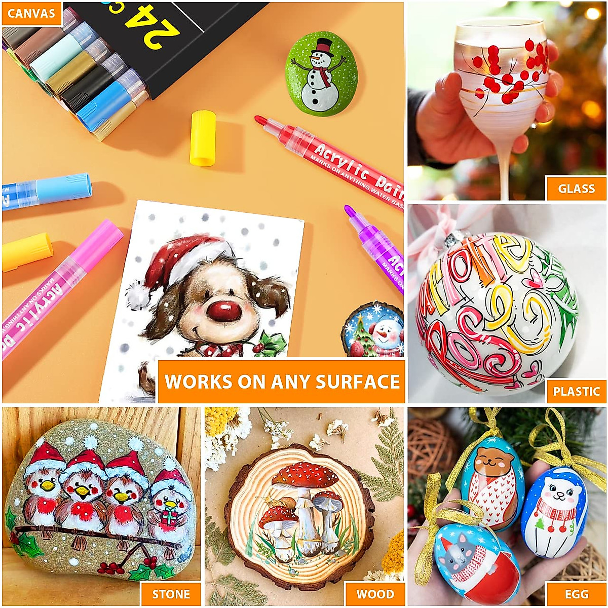 Emooqi Paint Pens, Acrylic Paint Markers 24 Colors Waterproof Pen Set for Rock Painting DIY Craft Supplies Ceramic Glass Canvas Mug Metal Wood-2-3mm Medium Tip