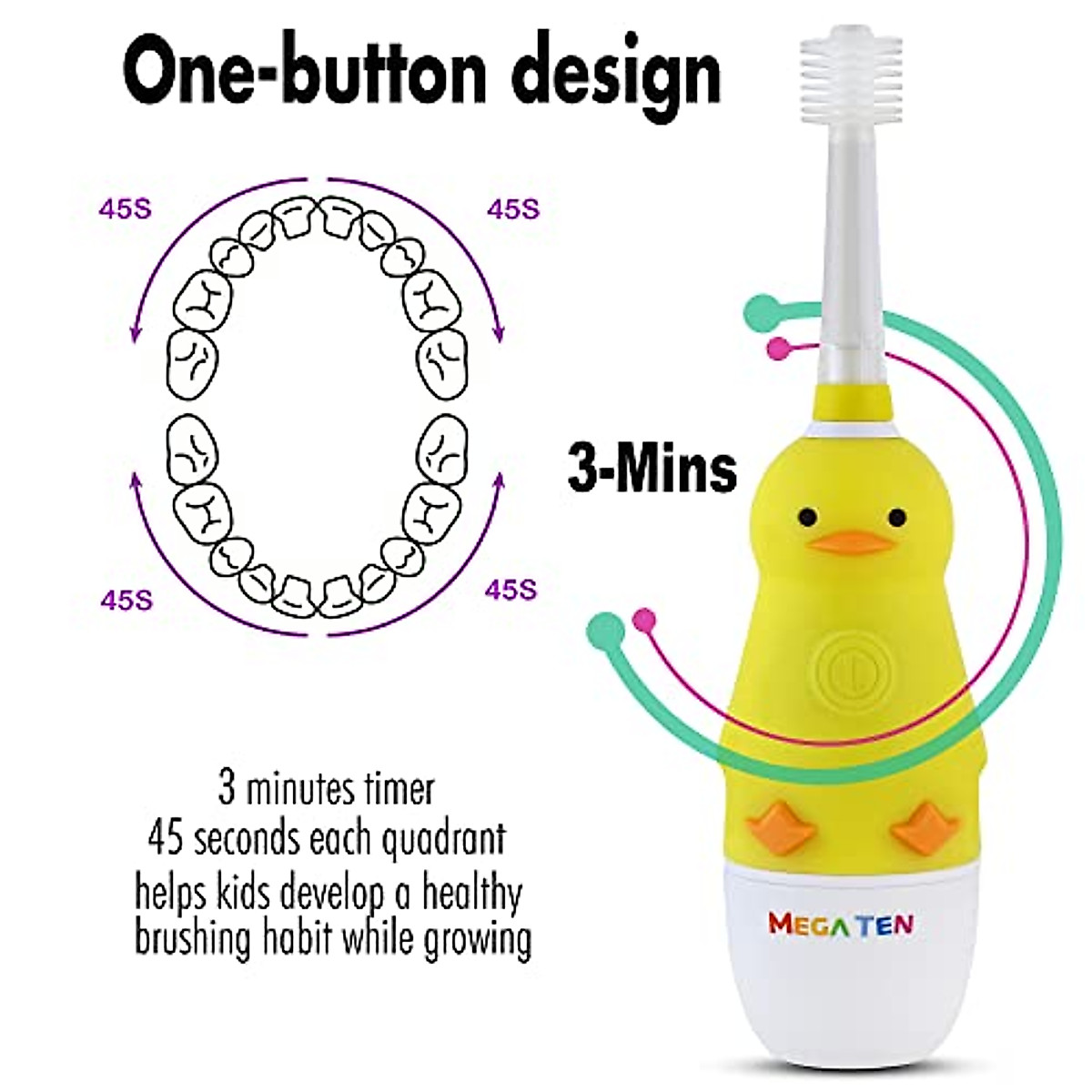 Brilliant Kids Sonic Electric Toothbrush Characters with Flashing Lights and Fine Bristles - Fun Brushing for Parent and Child, Ages 3-8, Duck