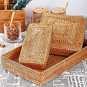 Hovico Handmade Rectangle Rattan Serving Tray for Bread Fruit, for Coffee Table Fruit Drinks Snack Bathroom Platter Kitchen Countertop Ottomans Style