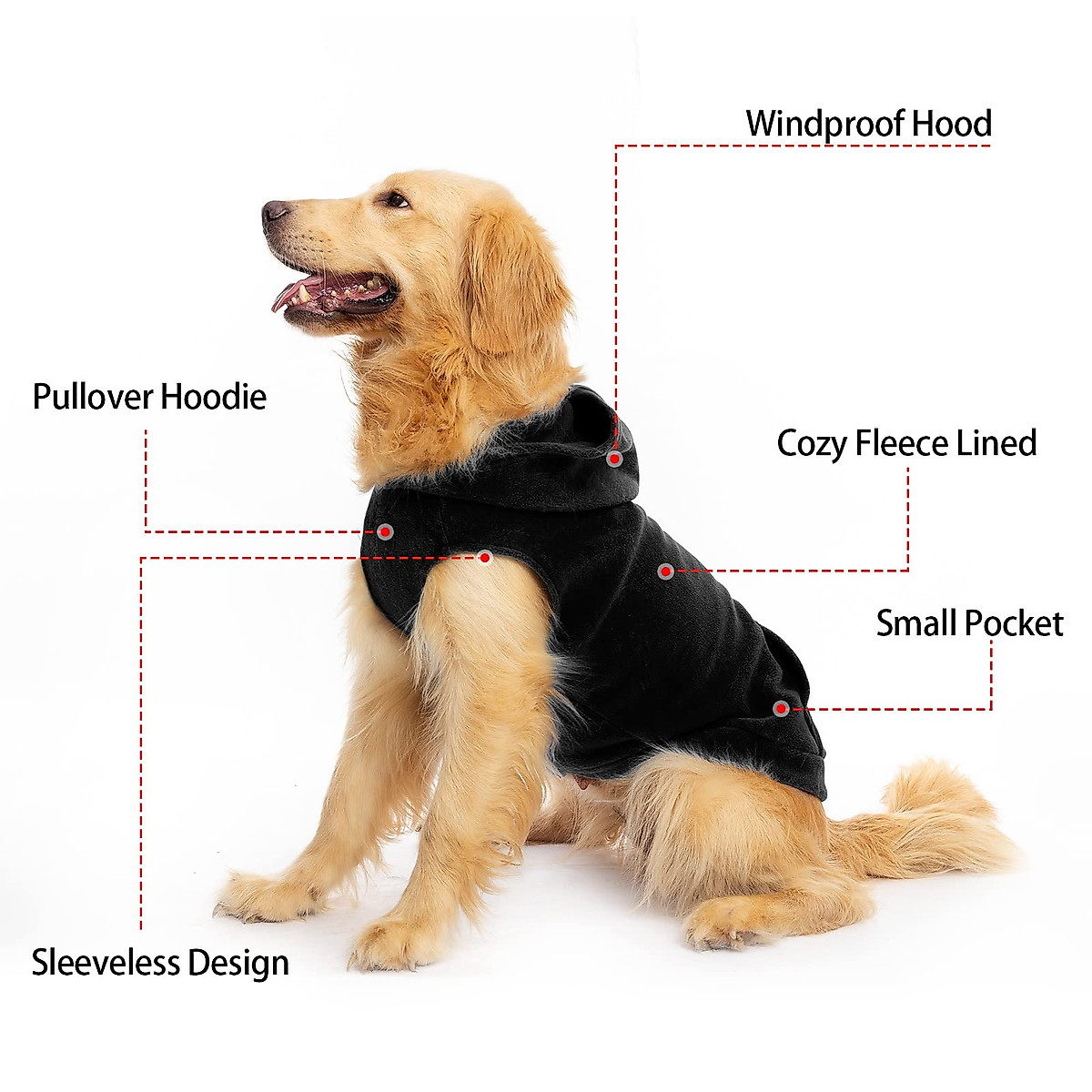 EXPAWLORER Dog Hoodie with Pocket, Polar Fleece Dog Sweatshirt Fall Cold Winter Sleeveless Sweater with Hood, Warm Cozy Pet Clothes for Small to Large Dogs Boys and Girls (Black, XXL)