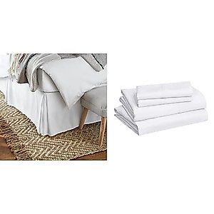 Amazon Basics Lightweight Pleated Bed Skirt - Queen, Bright White & Lightweight Super Soft Easy Care Microfiber Bed Sheet Set with 14-Inch Deep Pockets - Queen, Bright White