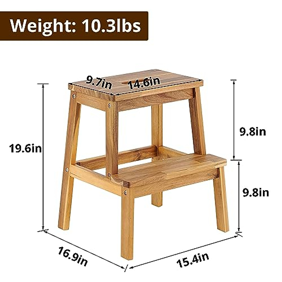 Wooden 2 Step Stool for Children Adults, Multifunctional Large Kitchen Step Helper for Toilet Bathroom Bedroom, Stepping Standing 2-Step Ladder, 16.9" D x 15.4" W x 19.6" H, Easy to Assemble, Natural