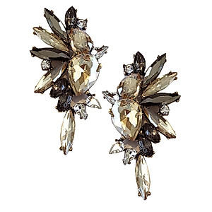 Extra LARGE Antique Retro Art Deco Vintage Style Citrine Amber Champagne Grey Smokey Topaz Marcasite Chunky Statement Rhinestone Pageant Drag Queen Bridal Prom Wedding Cluster Earrings