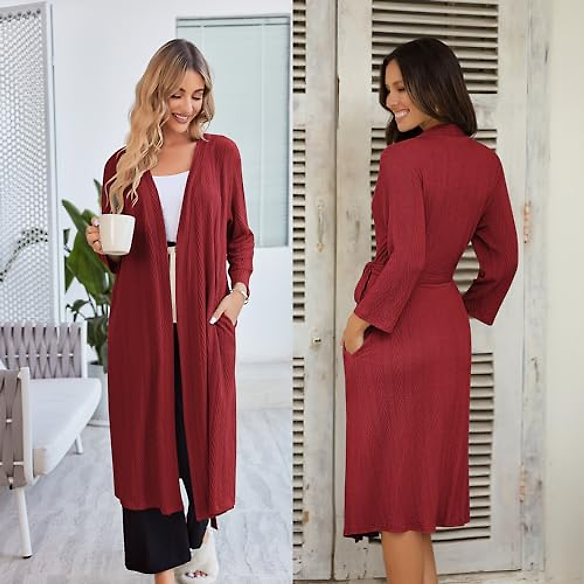 Ekouaer Women's Robes Long Bathrobes Jacquard Knit Spa Shower Robe Fixed Belt Sleepwear with Two Pockets S-3XL