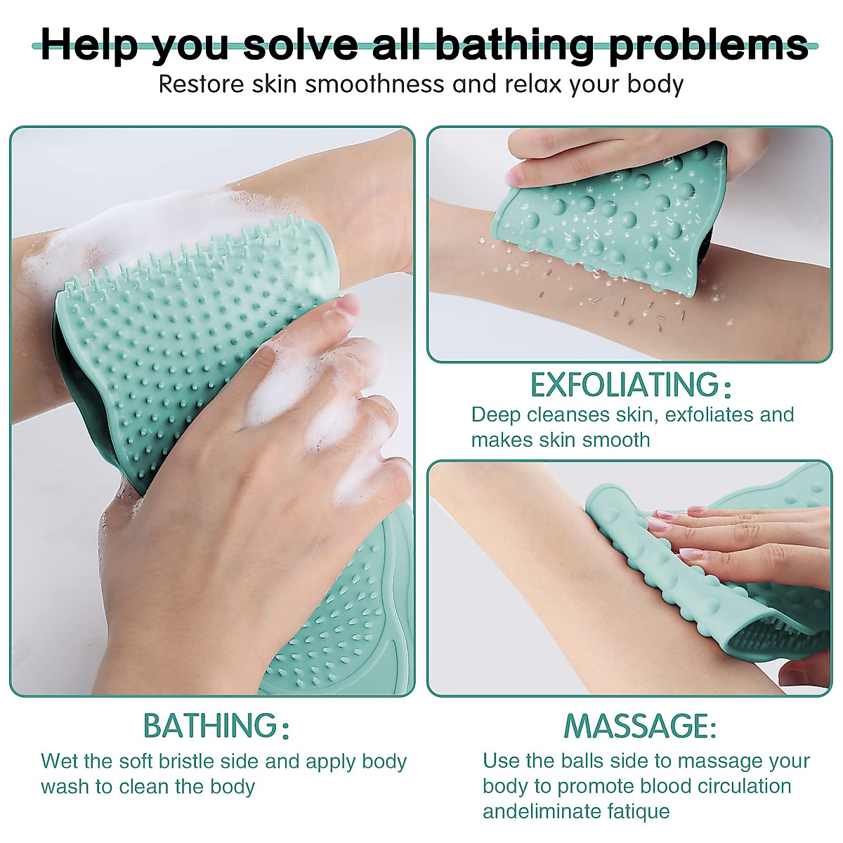 JefDiee Silicone Back Scrubber for Shower, Lengthen & Soft Back Washer, Bath Body Brush with Handles for Deep Cleaning, Exfoliating and Massaging, Improve Your Blood Circulation, Body Scrubber (Green)