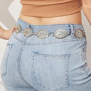 Tatibana Women Boho Chain Belts, Western Cowgirl Waist Links Belt Adjustable Metal Concho Metal Chain Hollow Out Daisy Decorated Skinny Waist Belt For Dresses