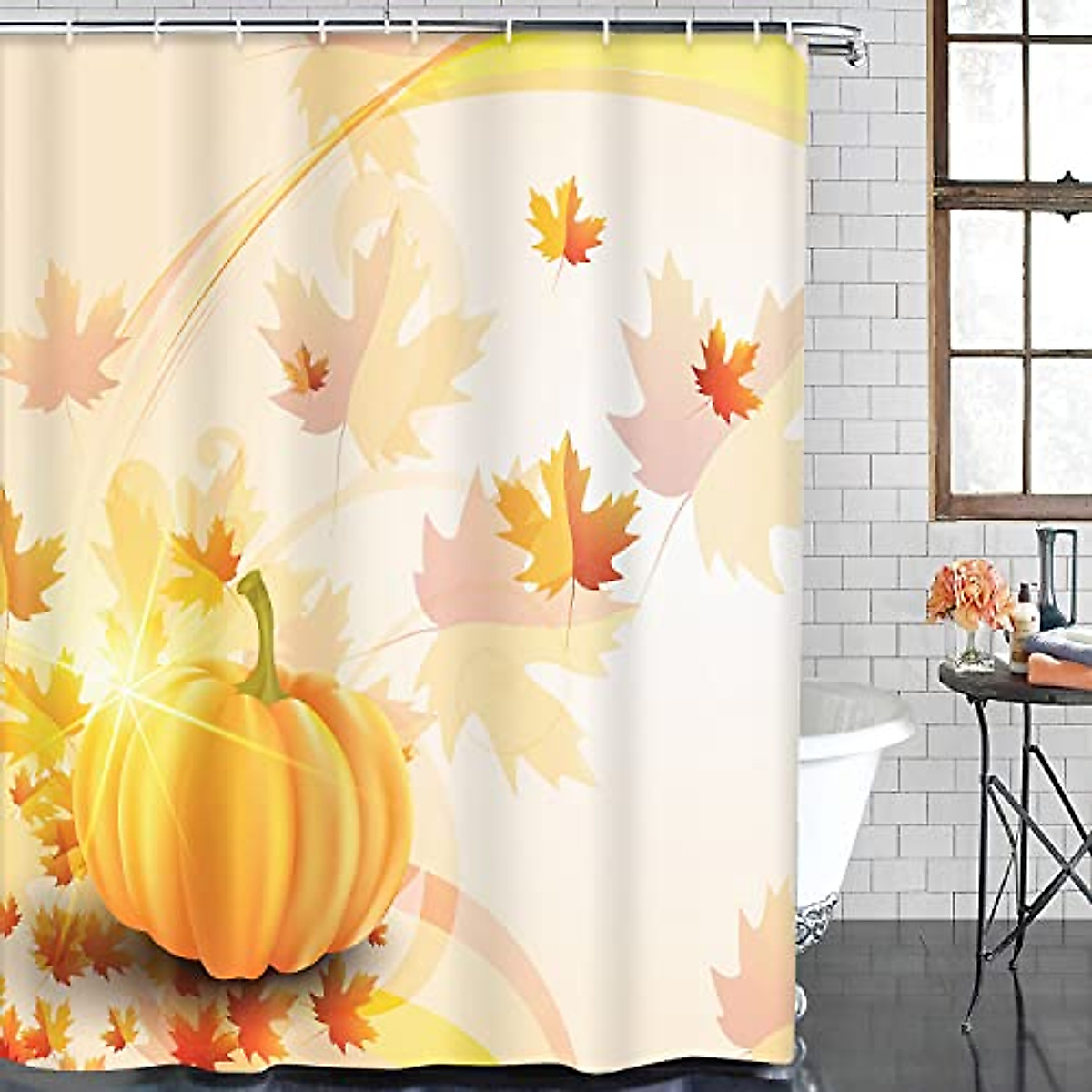 Pumpkin Bathroom Sets with Shower Curtain and Rugs and Accessories,Pumpkin Halloween Shower Curtain Sets,Autumn Leaf Shower Curtains for The Bathroom,Fall Bathroom Decor 4 Pcs