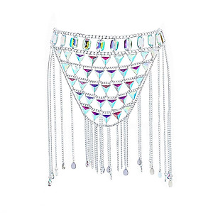 Salliy Rhinestone Waist Body Chains Skirt Silver Sexy Belly Chain Dress Summer Belly Belt Chain Jewelry Rave Festival Outfits for Women and Girls