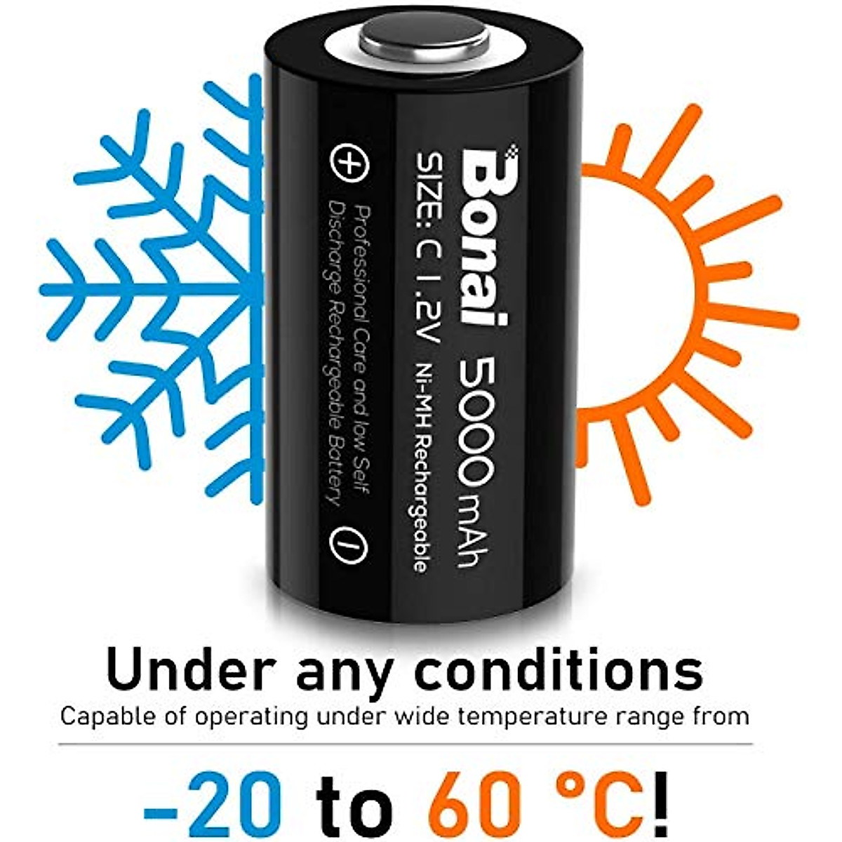 BONAI Rechargeable C Batteries 5,000mAh 1.2V Ni-MH High Capacity High ...