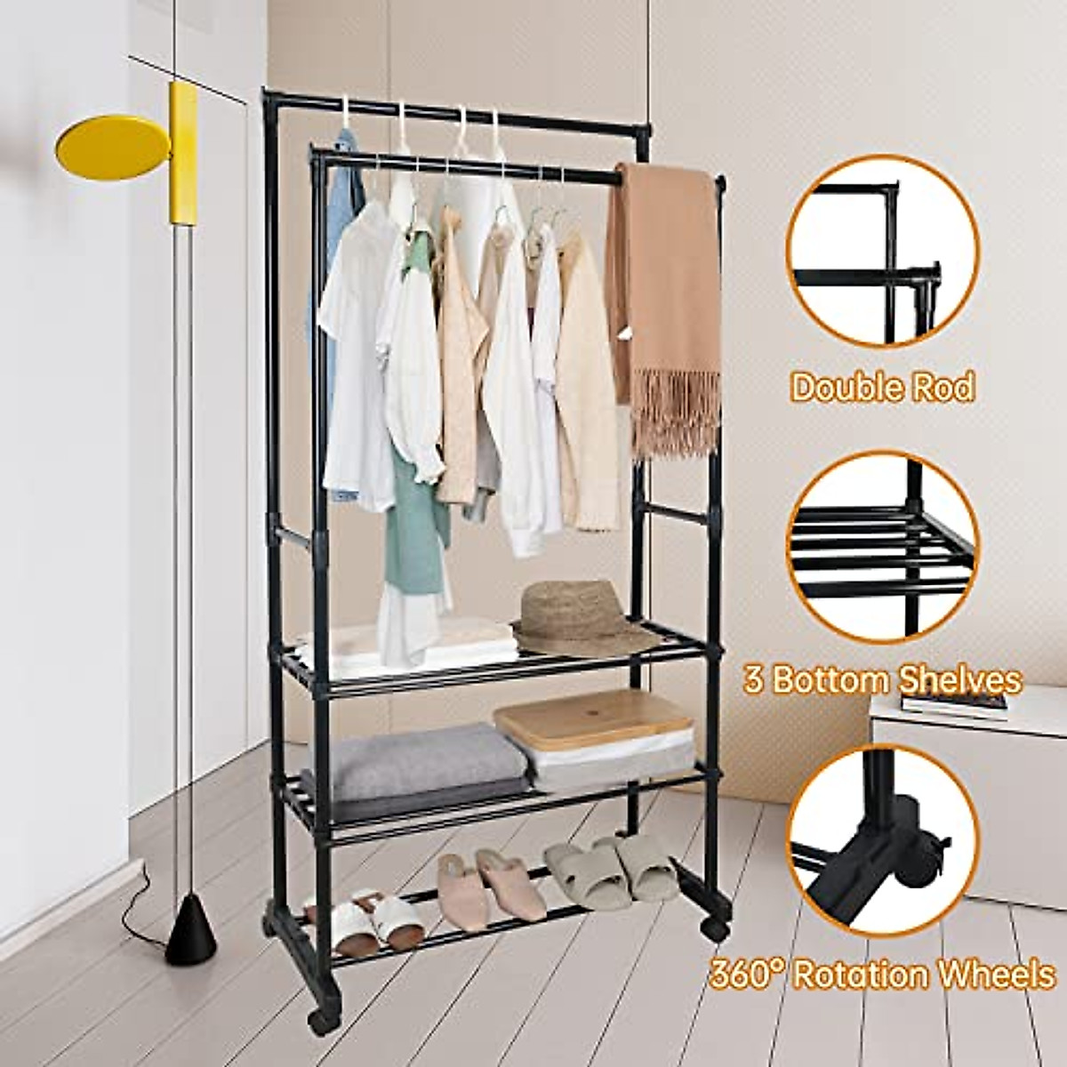 ZOES HOMEWARE Clothes Rack,Double Rod Clothing Rack on Wheels,Large Metal Heavy Duty Clothing Rack with 3 Shelves for Hanging Clothes,Black Rolling Clothes Rack, 65"x 31" x16"