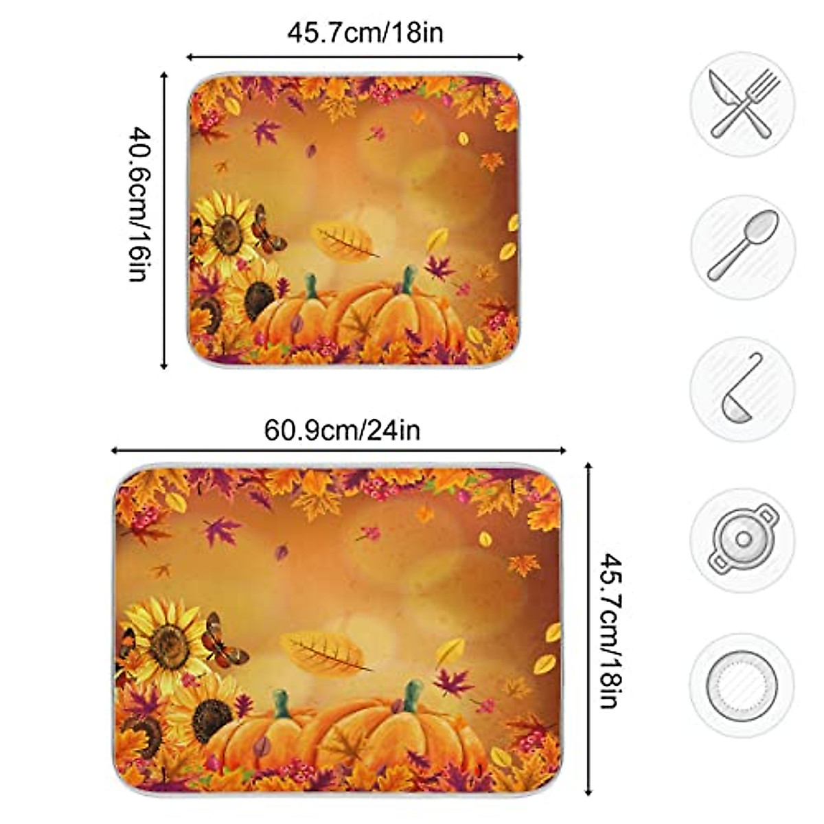Sunflower Pumpkin Autumn Dish Drying Mat, Butterfly Maple Leaves Dry Mats for Kitchen Dishes Microfiber Dry Pad Ultra Absorbent 18x24Inch Reversible Drying Drainer Sink Mat