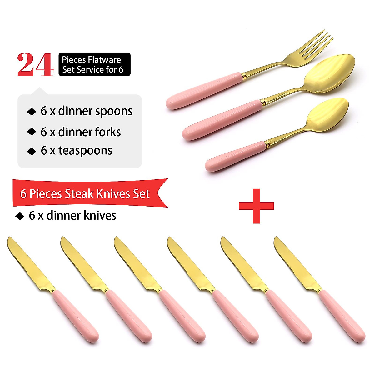 Gold Silverware Set, Caliamary 24 Pieces Flatware Set with Silverware Holder, Stainless Steel Knives and Forks and Spoons Cutlery Set Service for 6, Kitchen Utensil Tableware Set with Pink Handle