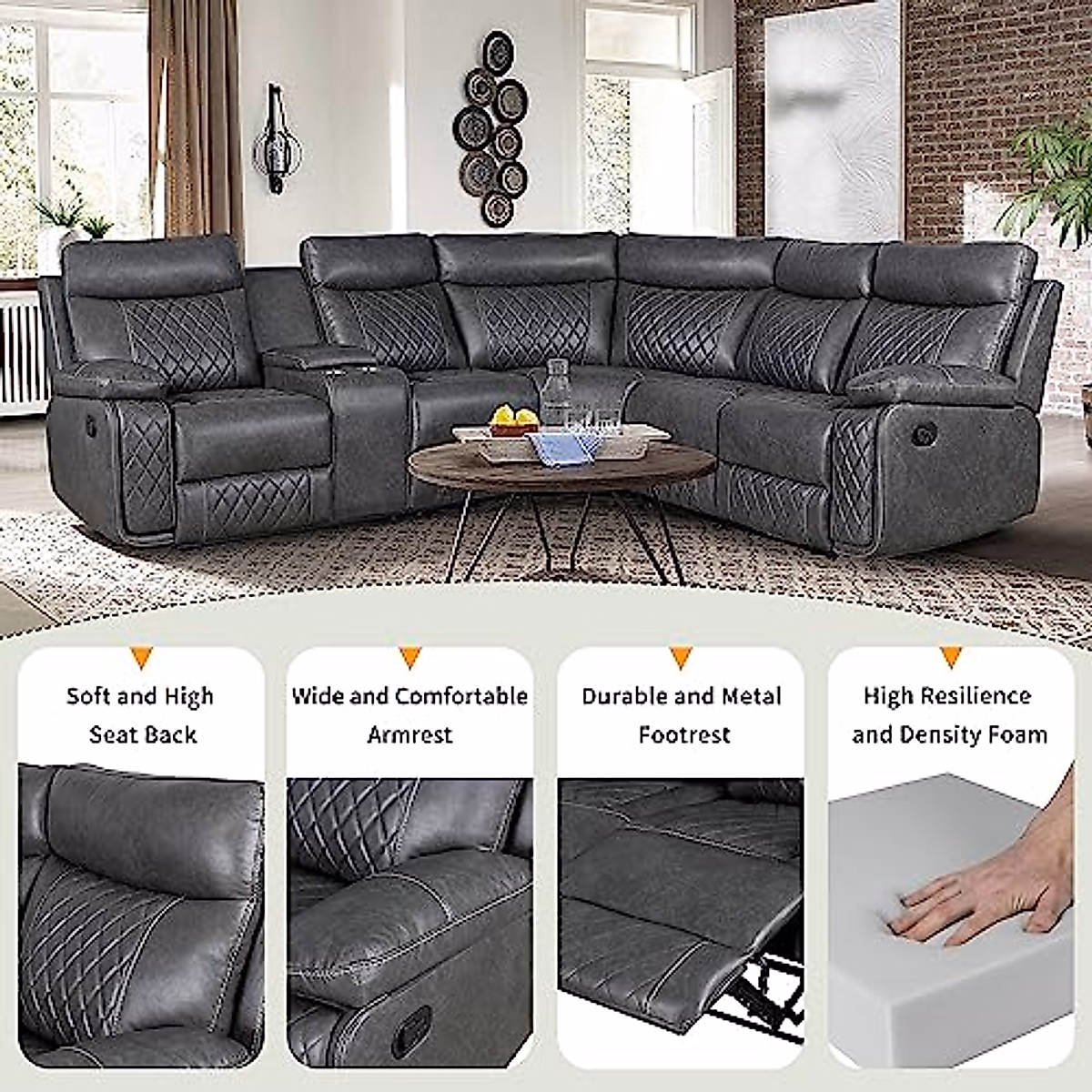 Eafurn Grain Leather Upholstery Manual Reclining Sectional Storage Console and Cup Holders,Symmetrical Motion Sofa & Corner Couch Living Room Furniture Set Home Theater Seating Movie Chair, Gray