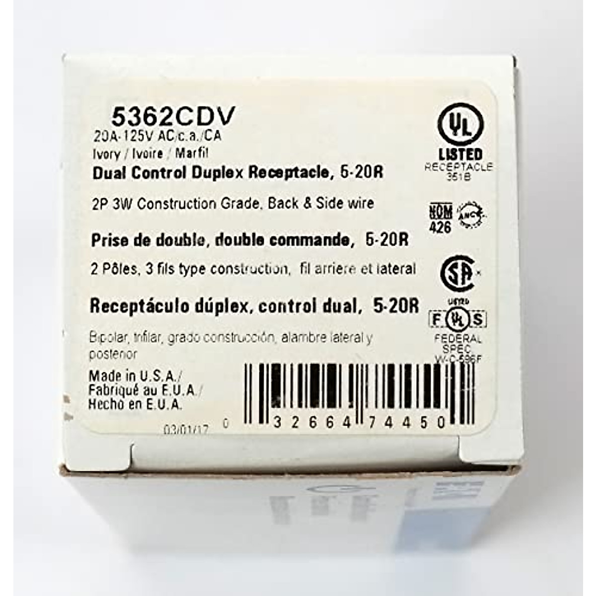 Eaton 5362CDV Arrow Hart Dual Control Heavy Duty Industrial Grade Duplex Receptacle, Auto-grounding, #14-10 AWG, 20A, Flush, 125V, Ivory, Brass, High-Impact Nylon face, 5-20R, 2-Pole (10-Pack)