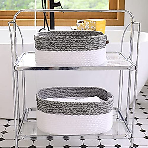 LA JOLIE MUSE Rectangle Cotton Rope Storage Basket Set of 2, Natural and Safe For Baby Kids Nursery, Two-Tone Woven Decorative Baskets, White & Gray