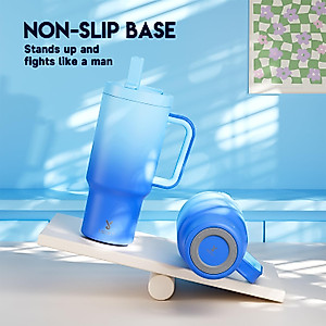 Meoky 32 oz Tumbler with Handle and Flip Straw, 100% Leakproof Tumbler with Lid and Straw, Stainless Steel Insulated Cup, Cupholder Friendly, Keeps Cold for 24 Hours (Sky)