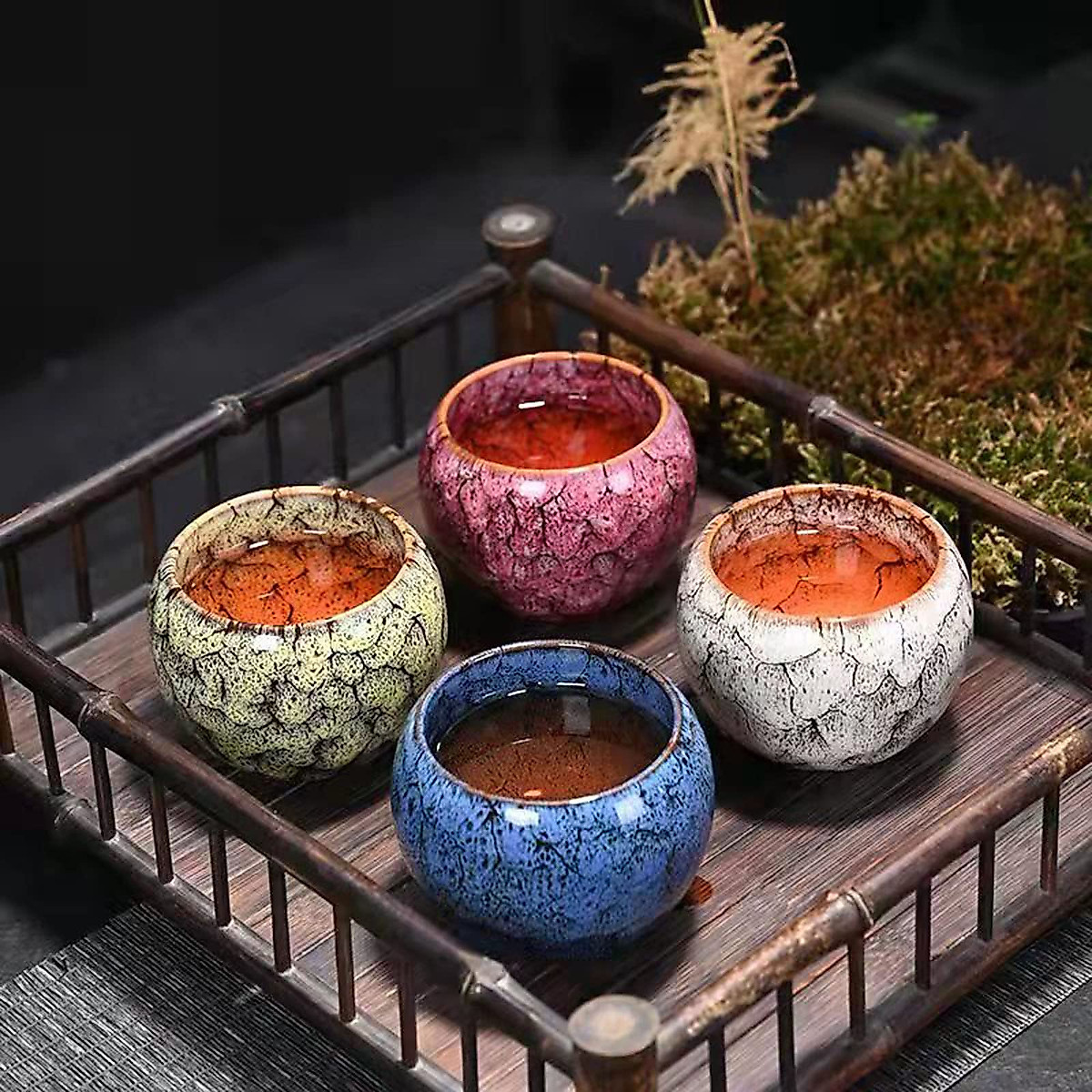 MQjzsh Chinese Japanese Traditional Ceramic Tea Cups, Mini Ceramic Kung Fu Tea Cups, Mate Cup Set, Tea, Espresso, 4-Piece Set for Home, Outdoor and Office (Blue)