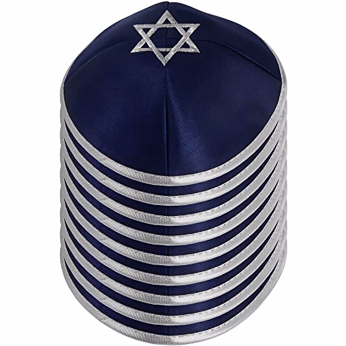 HolYudaica Pack of 10-Pcs Hq 20cm Satin Kippah with Silver/Gold String+Star of David for Men & Boys, Yamaka Hat from Israel, Kippot Bulk (Blue Silver)