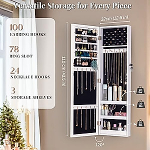 LUXFURNI Jewelry Cabinet, Wall-Mount/Door-Hanging Full Length Mirror With Storage, Lockable Armoire Organizer, Built-in Makeup Mirror, White