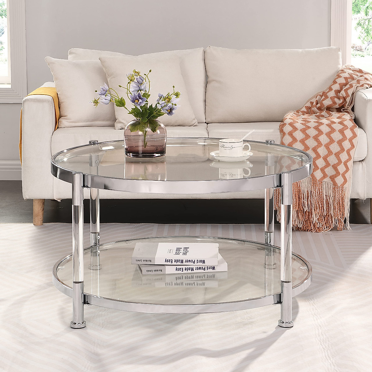 MISPACIO Tempered Glass Round Coffee Table, 32" Modern Acrylic Legs Circle Coffee Table with Clear Glass Top for Storage, Circular Center Table with Open Shelf for Living Room