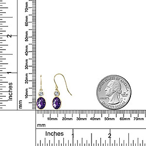 Gem Stone King 14K Yellow Gold Purple Amethyst and White Topaz Hook French Fish Ear Wire Dangle Earrings For Women (1.78 Cttw, Gemstone February Birthstone, Oval Checkerboard 7X5MM, Round 3MM)