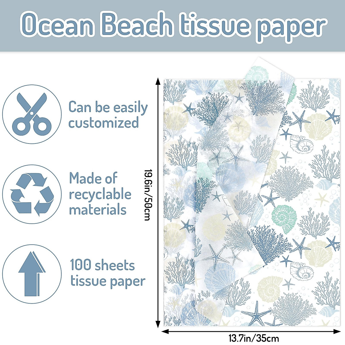 Whaline 100 Sheets Ocean Tissue Paper Sea Shell Starfish Gift Wrapping Paper Coastal Beach DIY Art Craft Tissue Paper for Summer Wedding Birthday Baby Shower Supplies, 13.7 x 19.6 Inch
